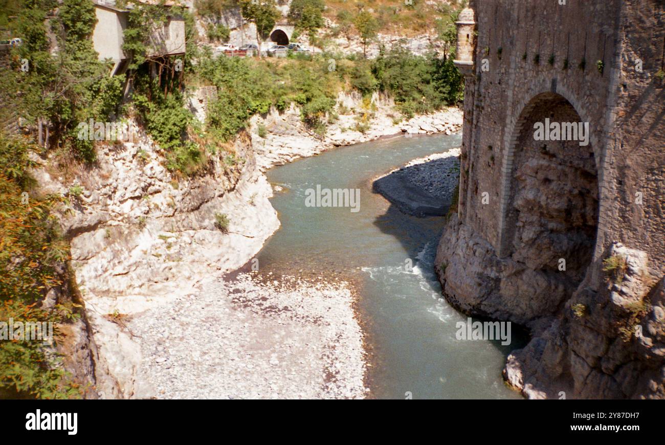 Fortifications above river in Medieval alpine village of Entrevaux in ...