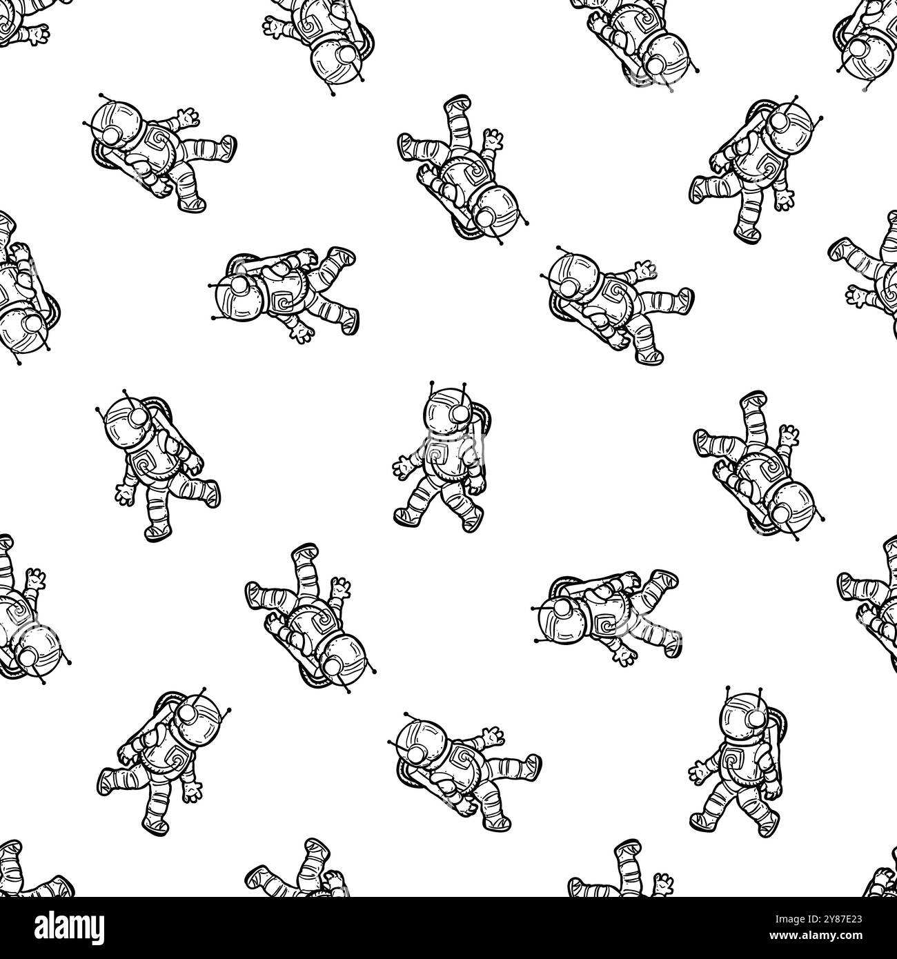 Astronauts seamless pattern. Black and white doodle. Space adventures ...