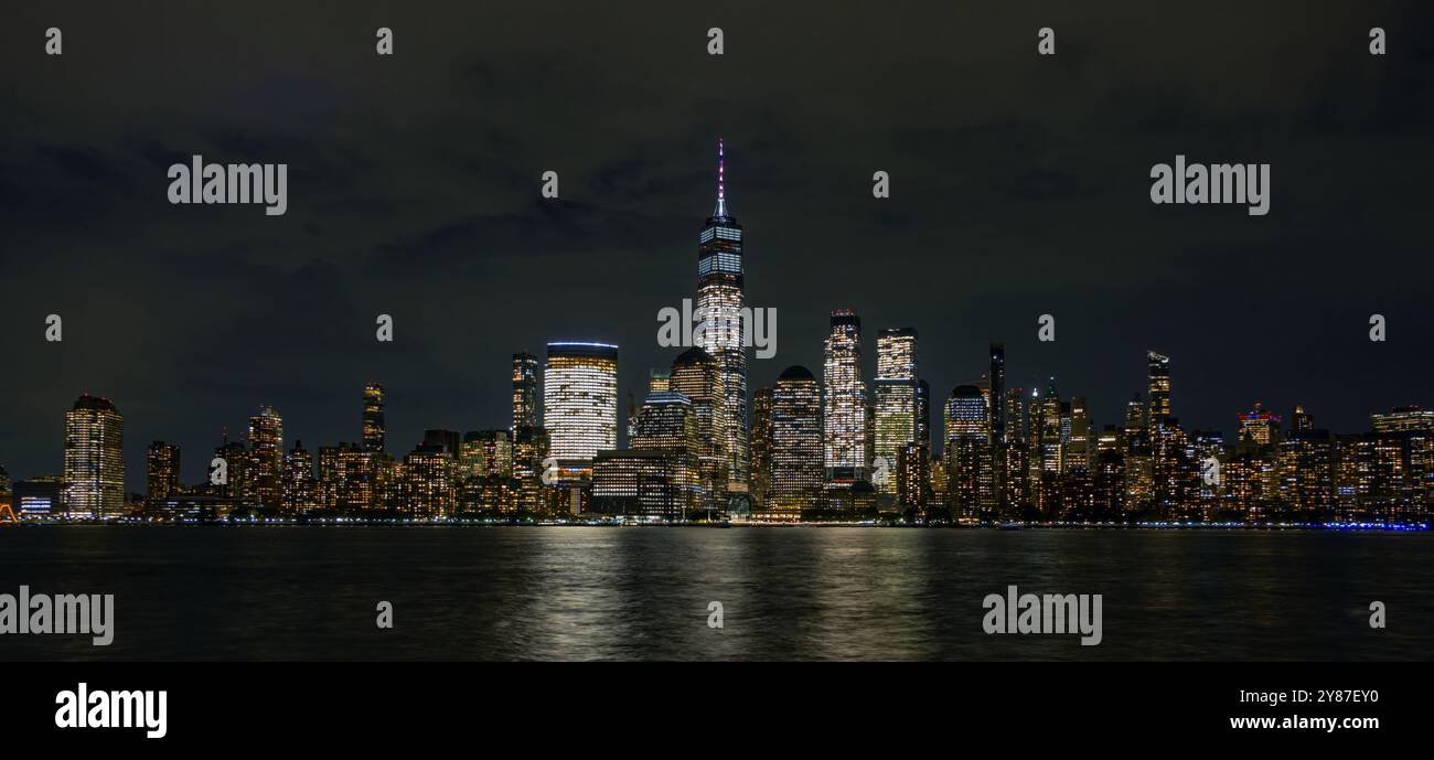 New York cityscape at night time. One World Trade Center. WTC memorial ...