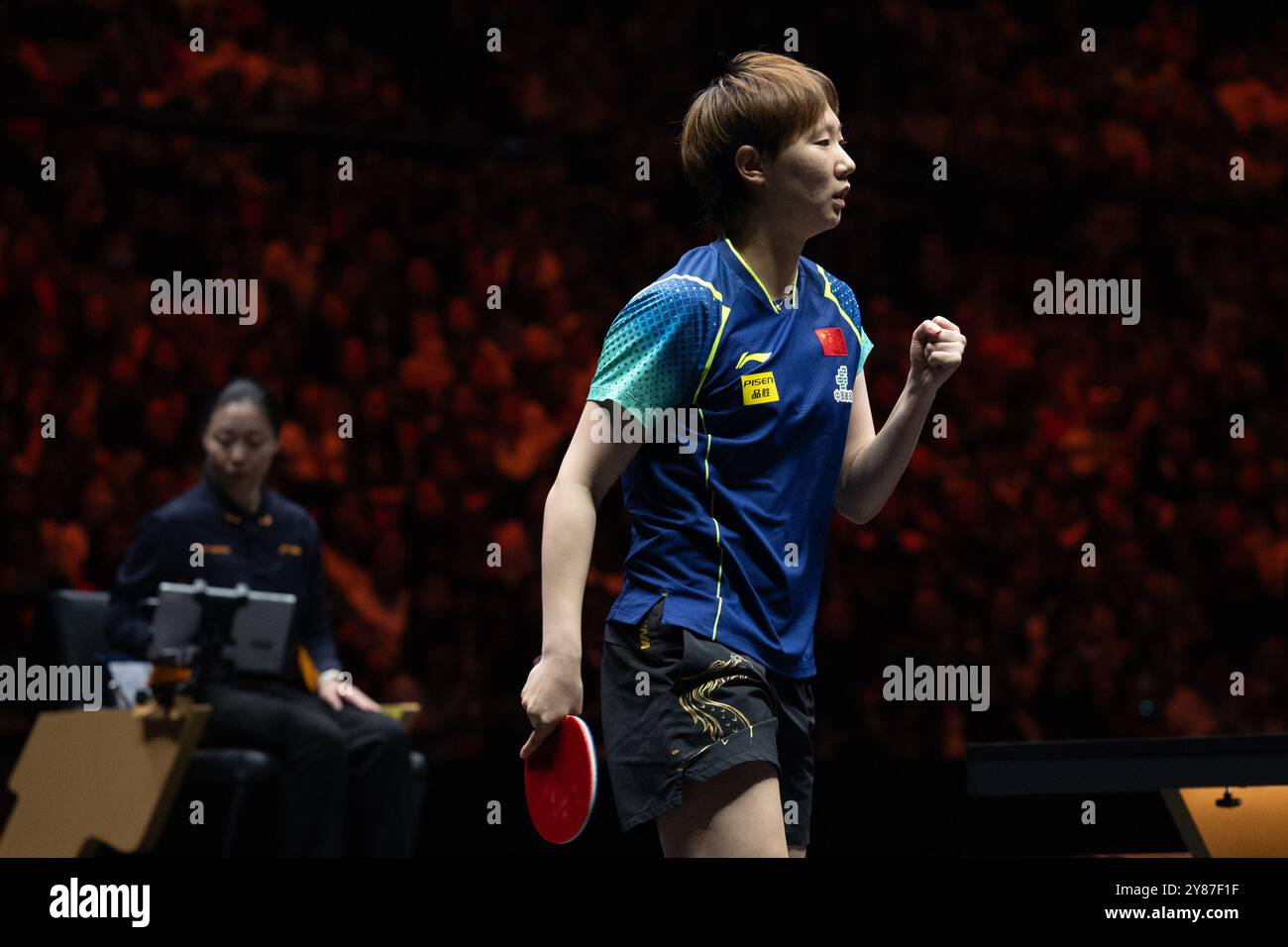 Beijing, China. 3rd Oct, 2024. Wang Manyu of China celebrates scoring ...