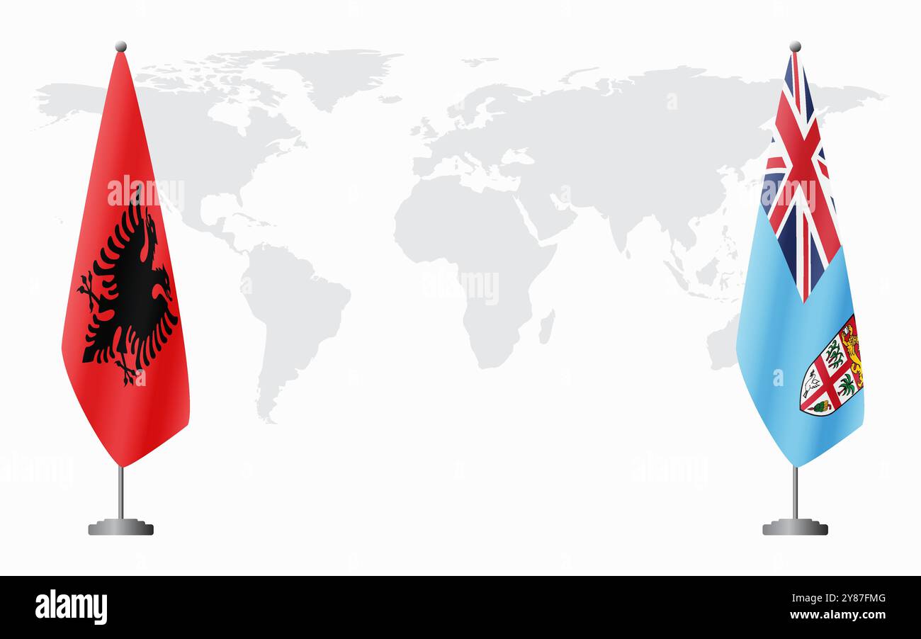 Albania and Fiji flags for official meeting against background of world ...
