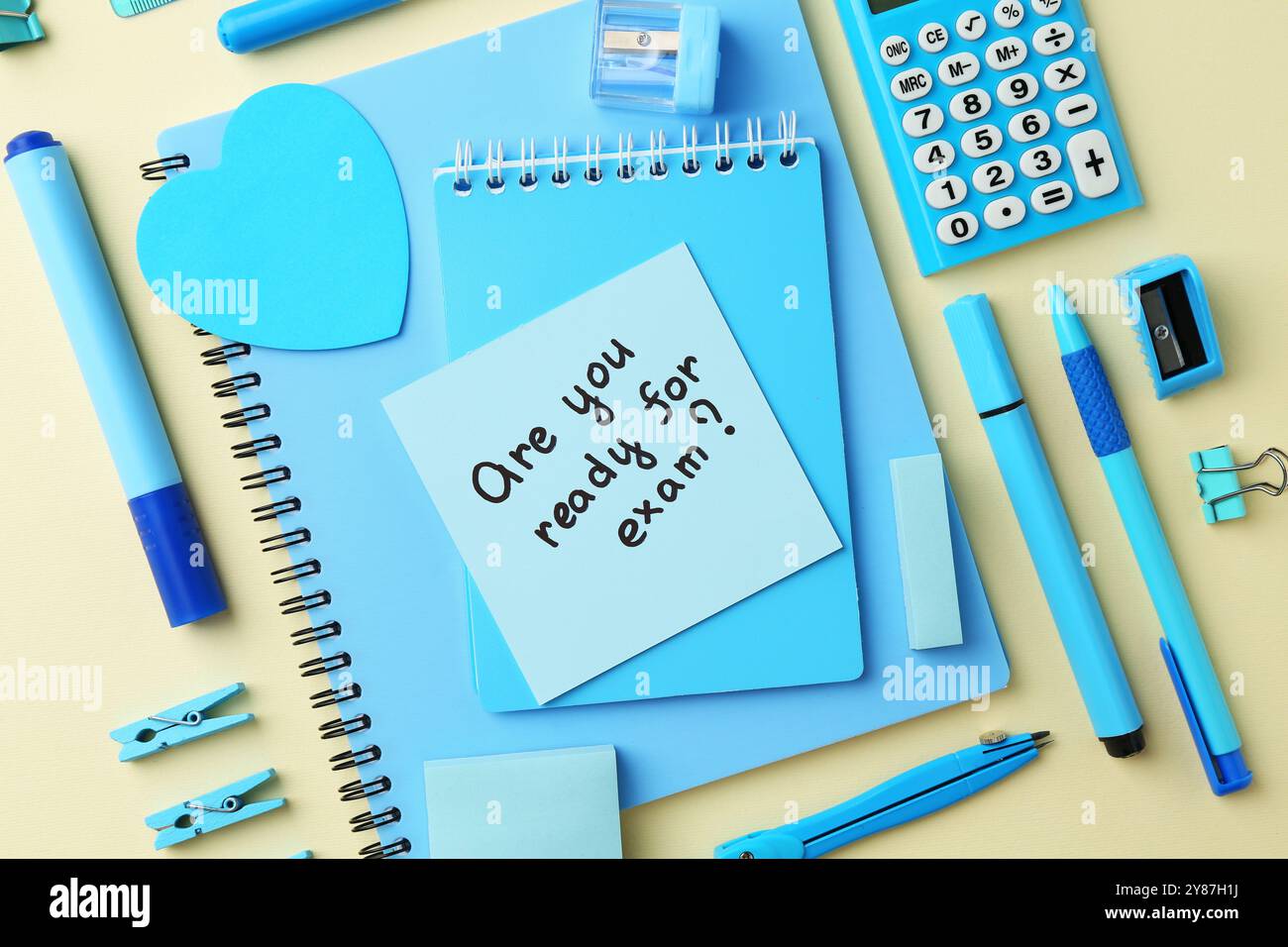 Paper note with question Are You Ready For Exam and stationery on pale ...