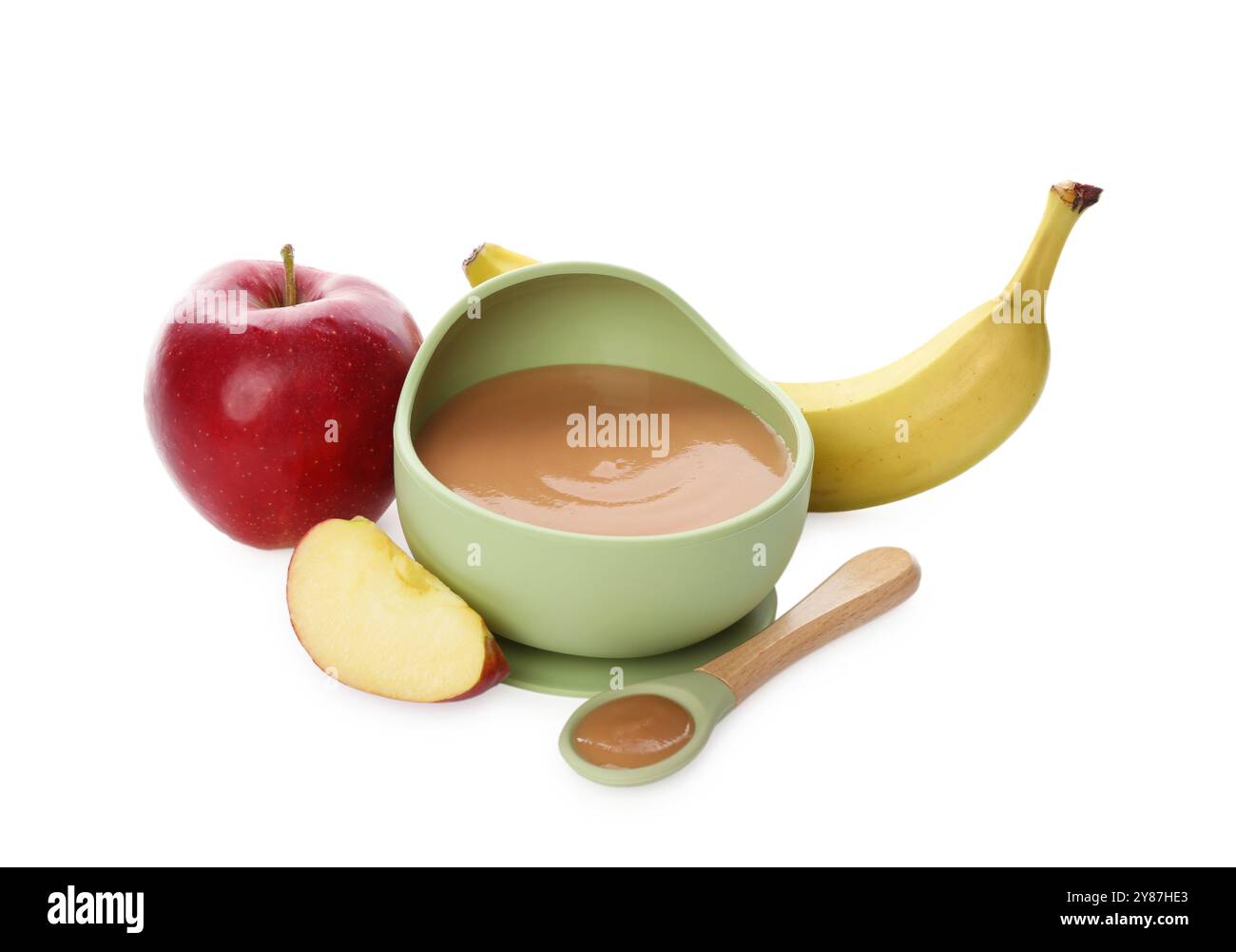 Delicious baby food in bowl and ingredients isolated on white Stock ...