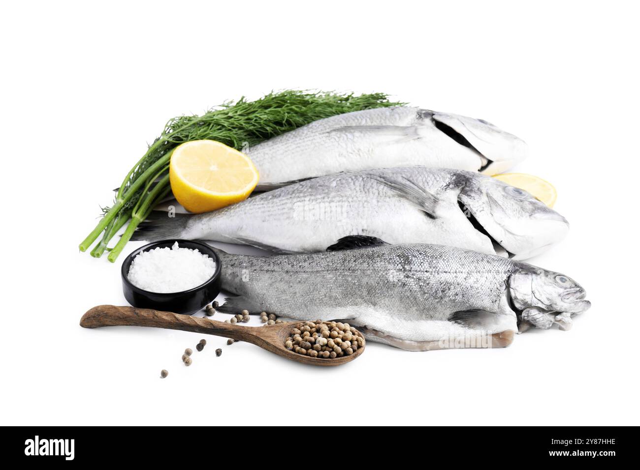 Sea food. Different types of fresh fish with spices isolated on white ...