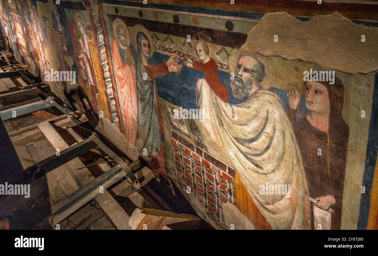 The 14th century frescoes, hidden by the coffered ceiling, attributed ...