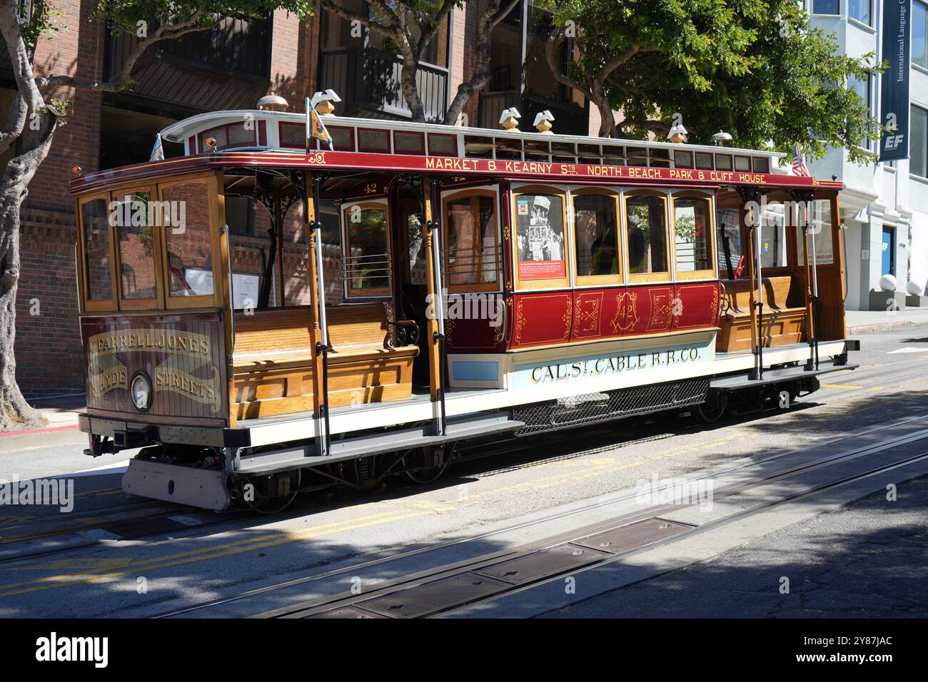 O’Farrell, Jones and Hyde Streets Cable Car. Built in 1906 and restored ...