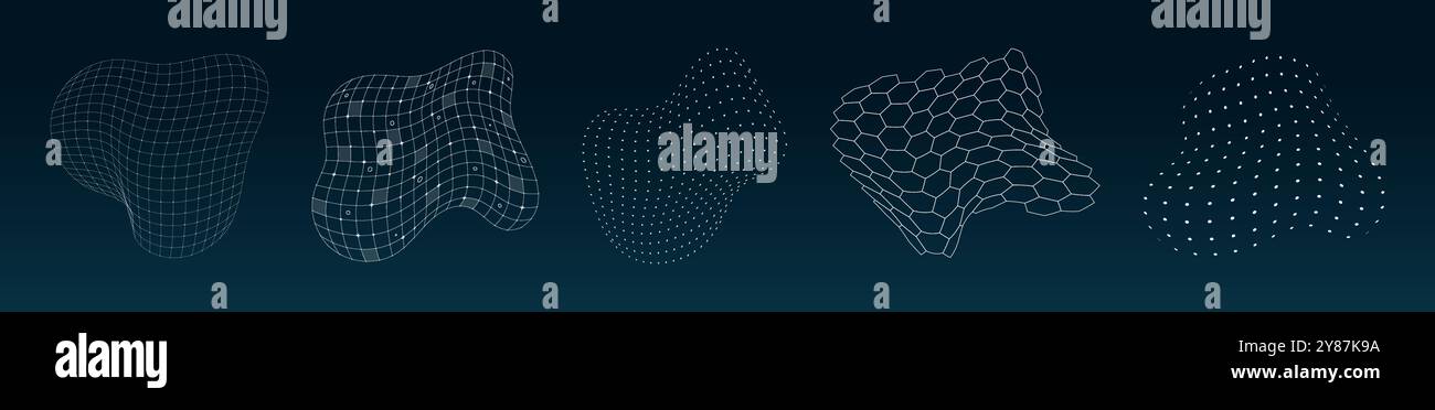 HUD futuristic 3D elements surface grid set. Digital UI flexible wire ...