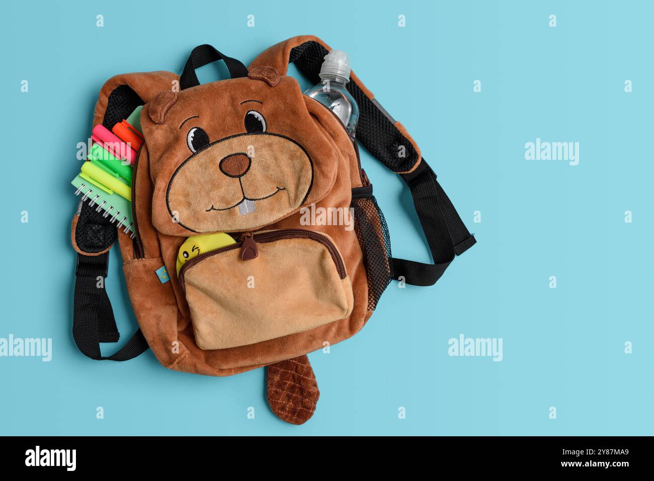 Fluffy backpack shape of beaver with school supplies on blue background ...