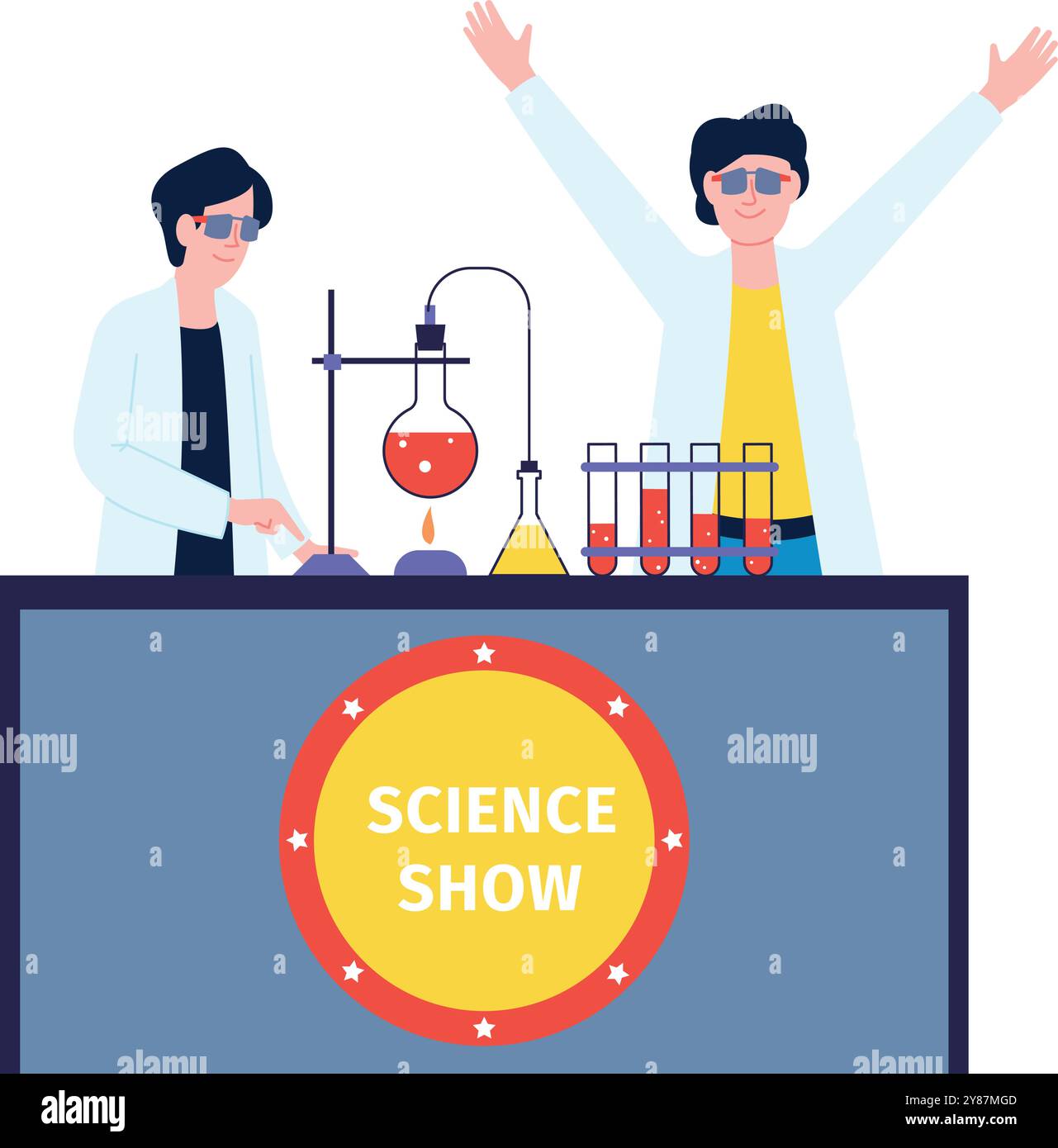 Science tv show with two scientist hosts and chemical lab isolated on ...
