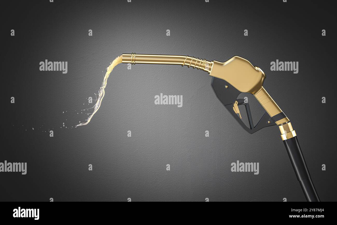 Golden gasoline pump nozzle is pouring liquid dark gray background 3d ...
