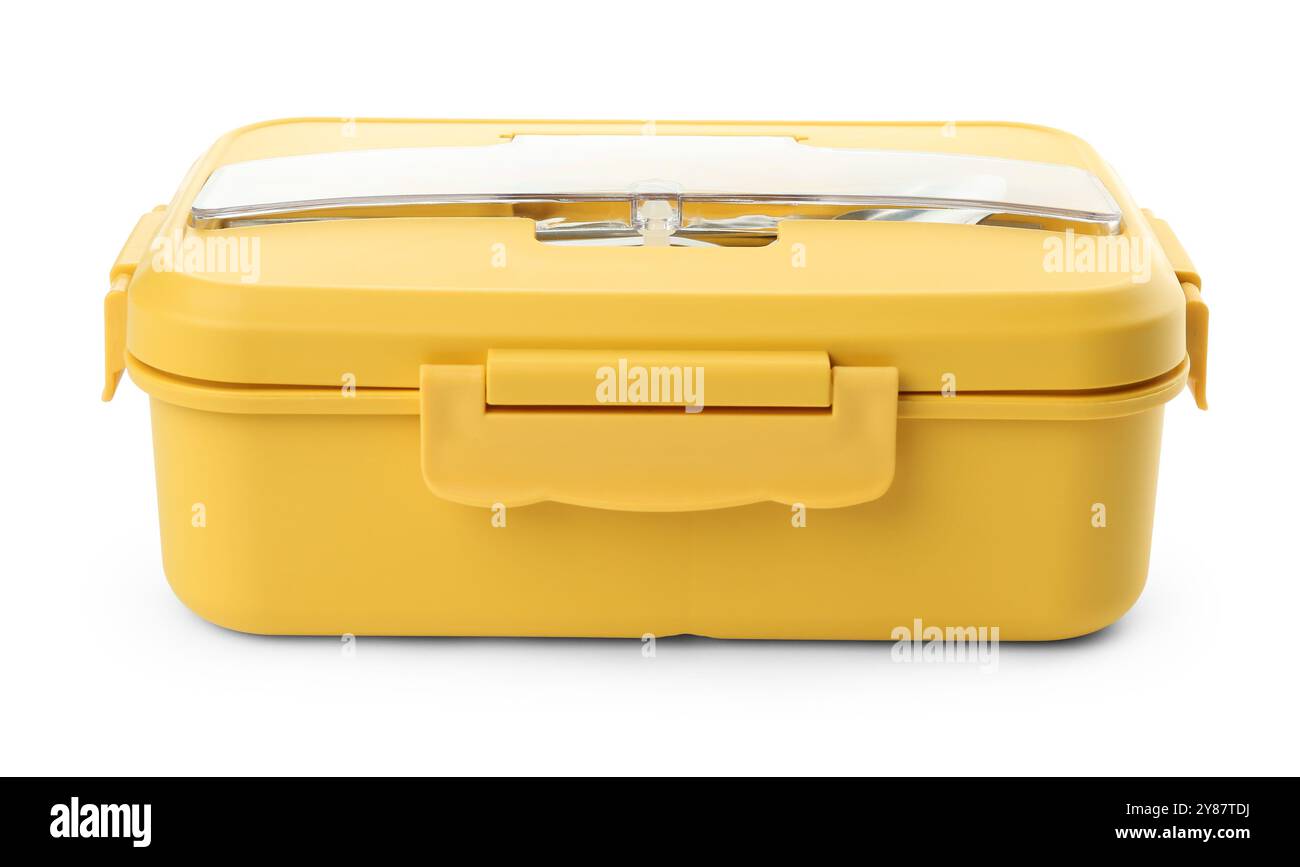One yellow lunch box isolated on white Stock Photo - Alamy