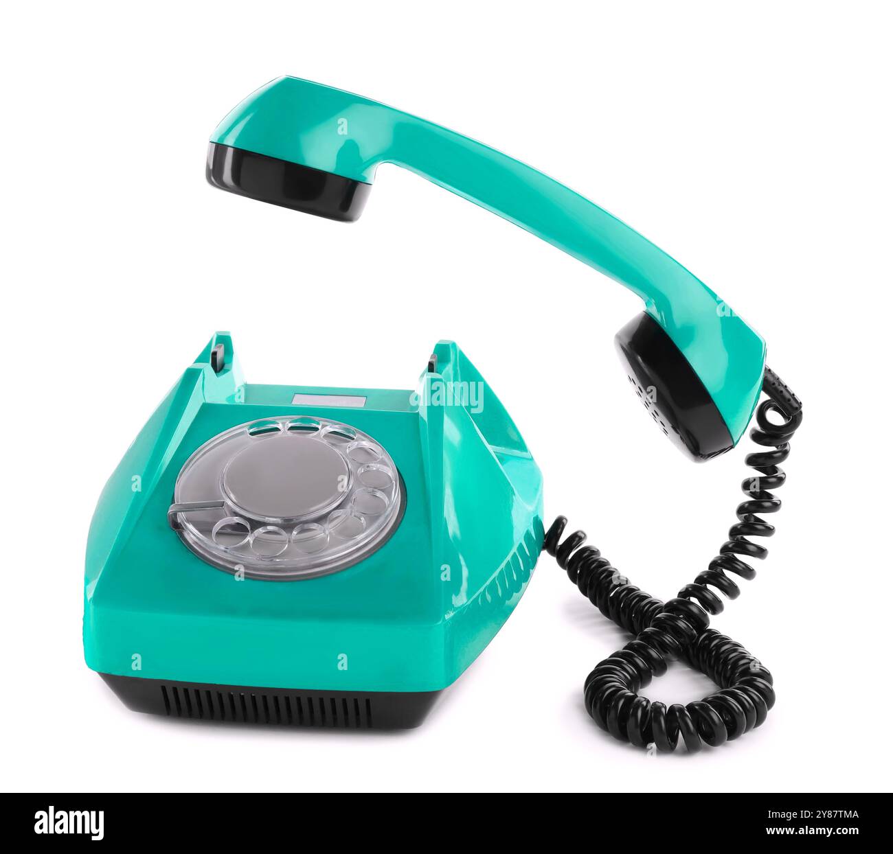Old turquoise color telephone with rotary dial isolated on white Stock ...