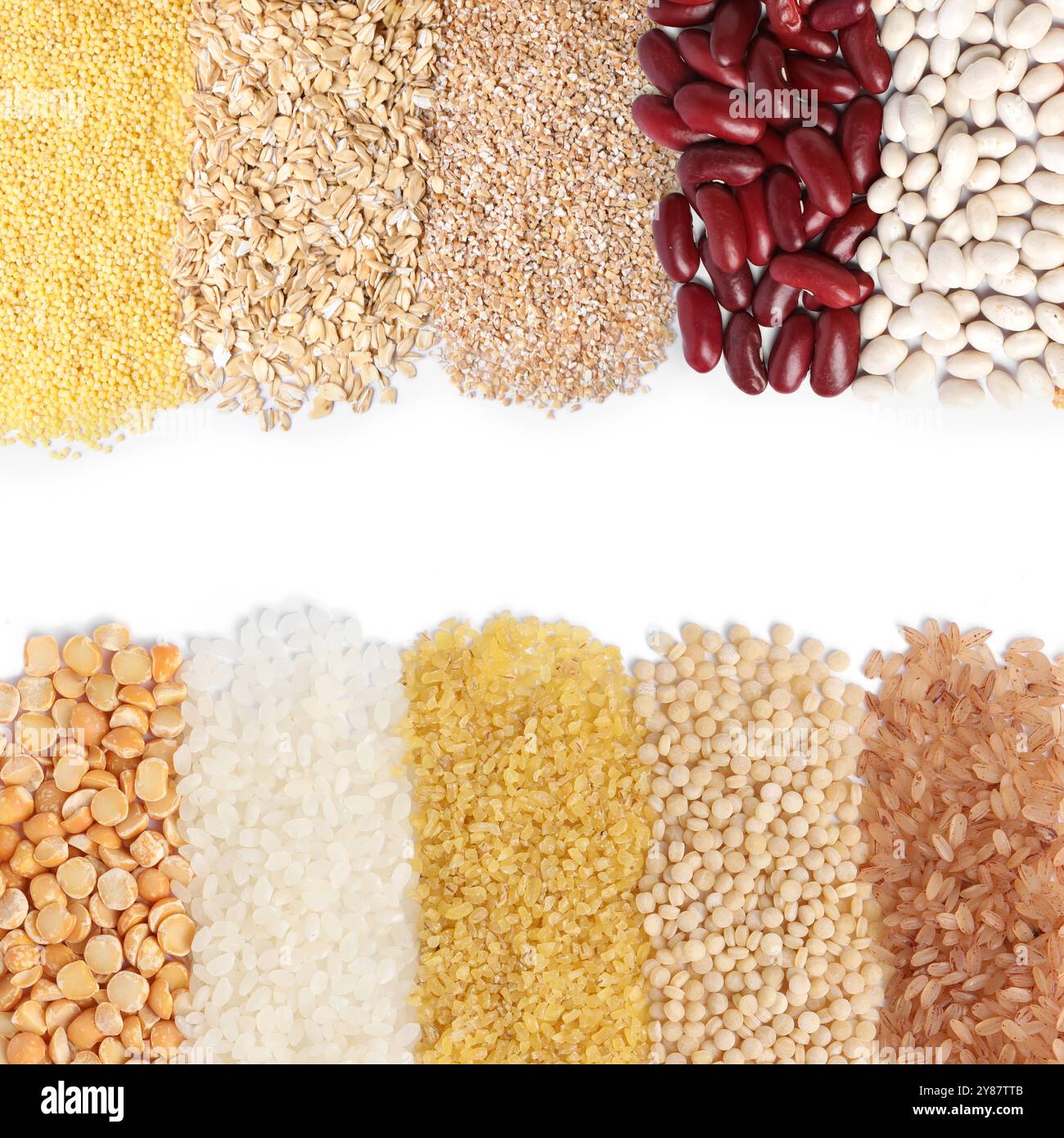 Different cereal grains and beans on white background, top view ...