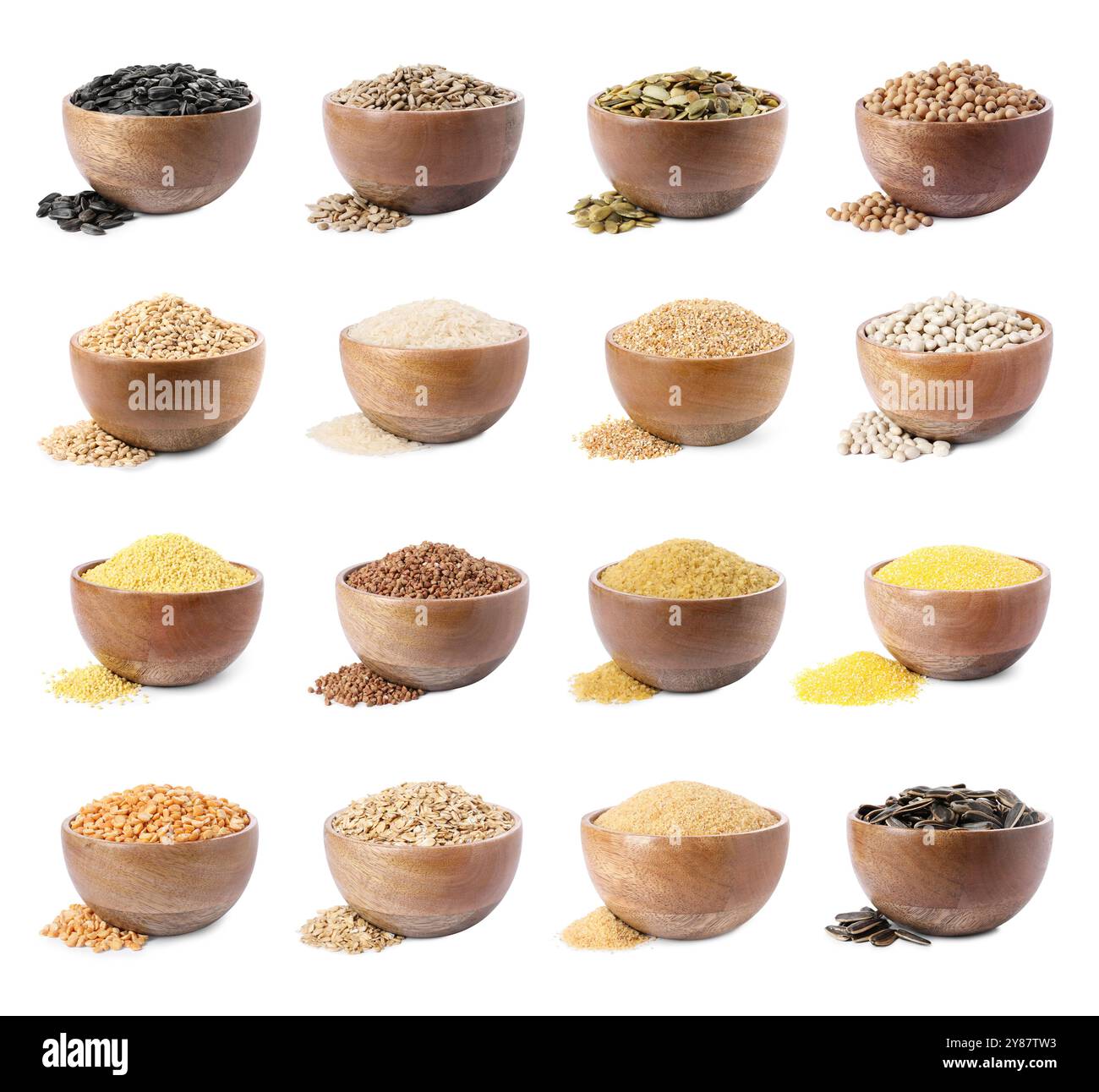 Different cereal grains, seeds and beans in bowls on white background ...