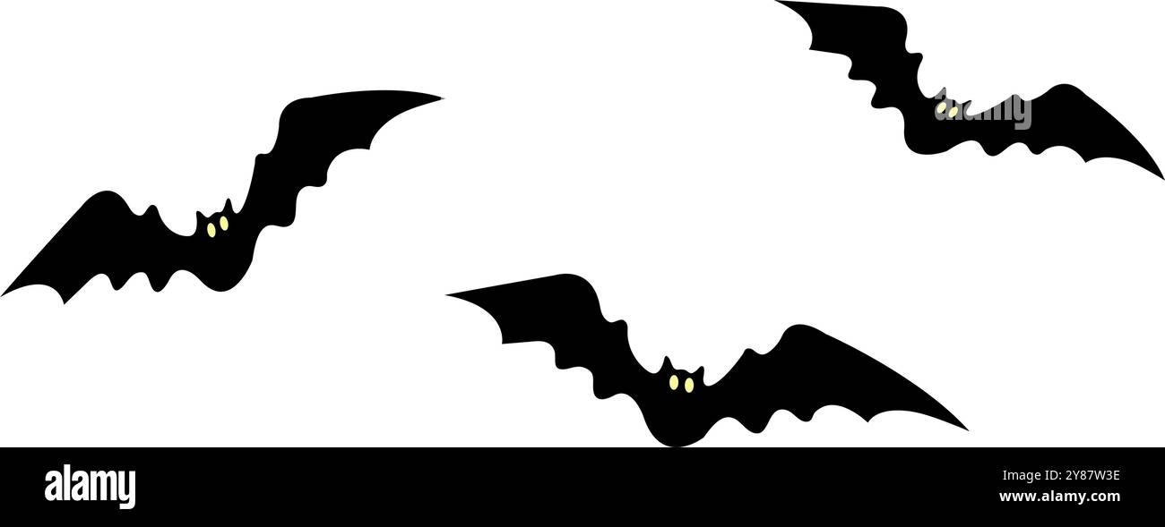 Three black bats with yellow eyes hover against a white background ...