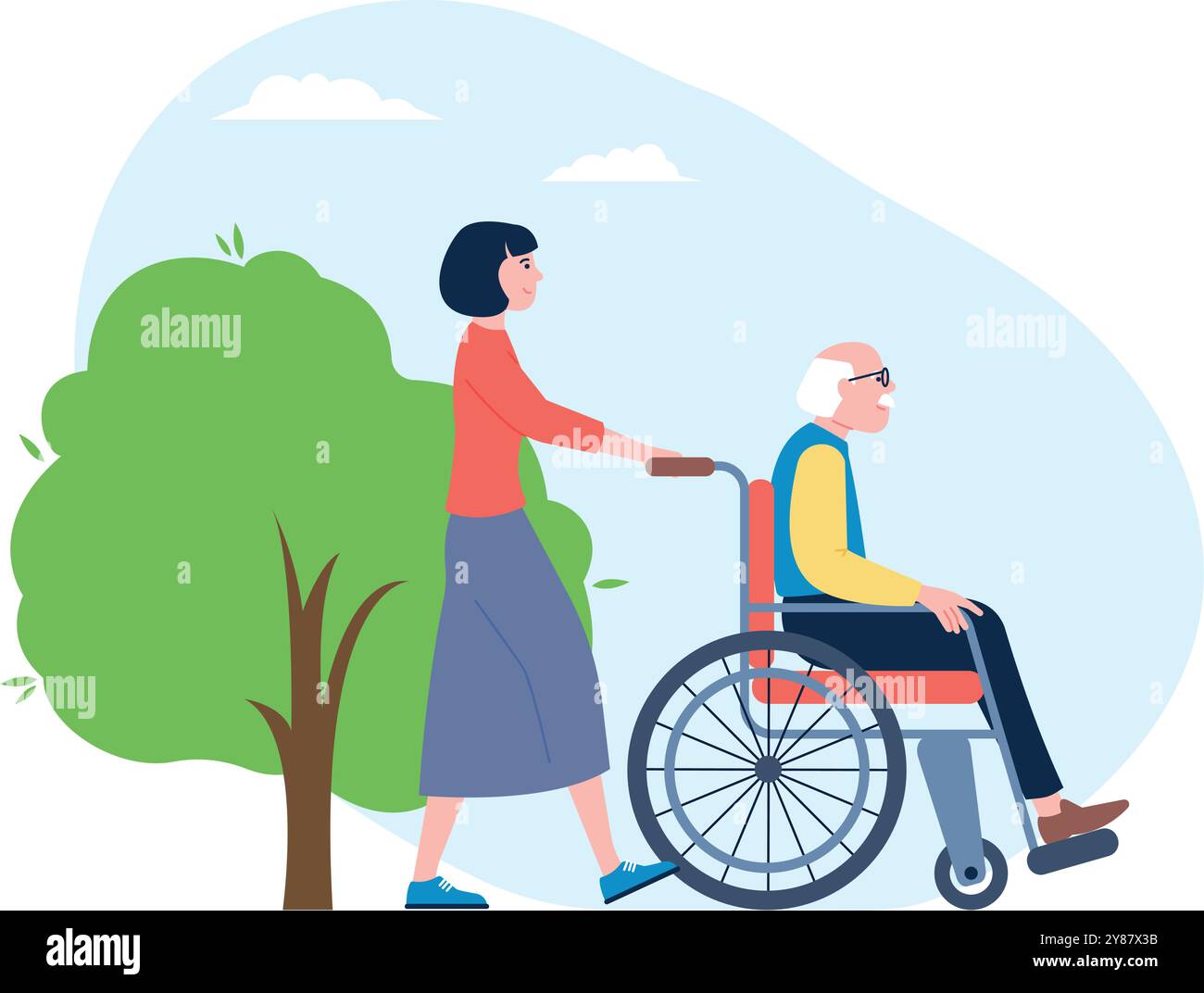 Elderly man outdoor. Woman push wheelchair with disabled senior Stock ...