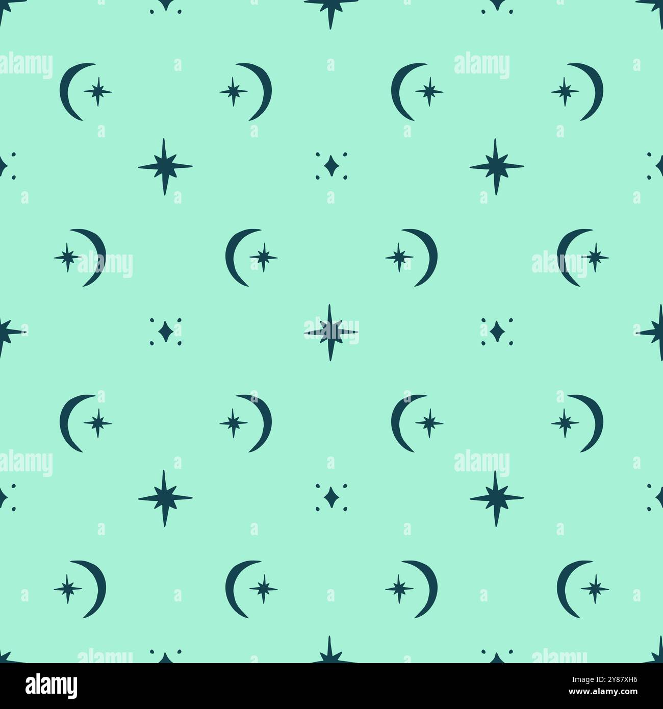 Teal seamless pattern with celestial motifs. Stars and moons background ...