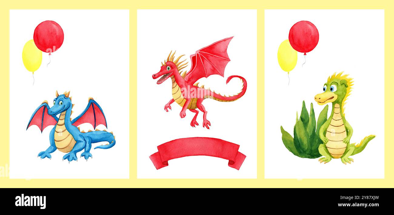Set of three greeting cards with dragons with red ribbon for text and ...