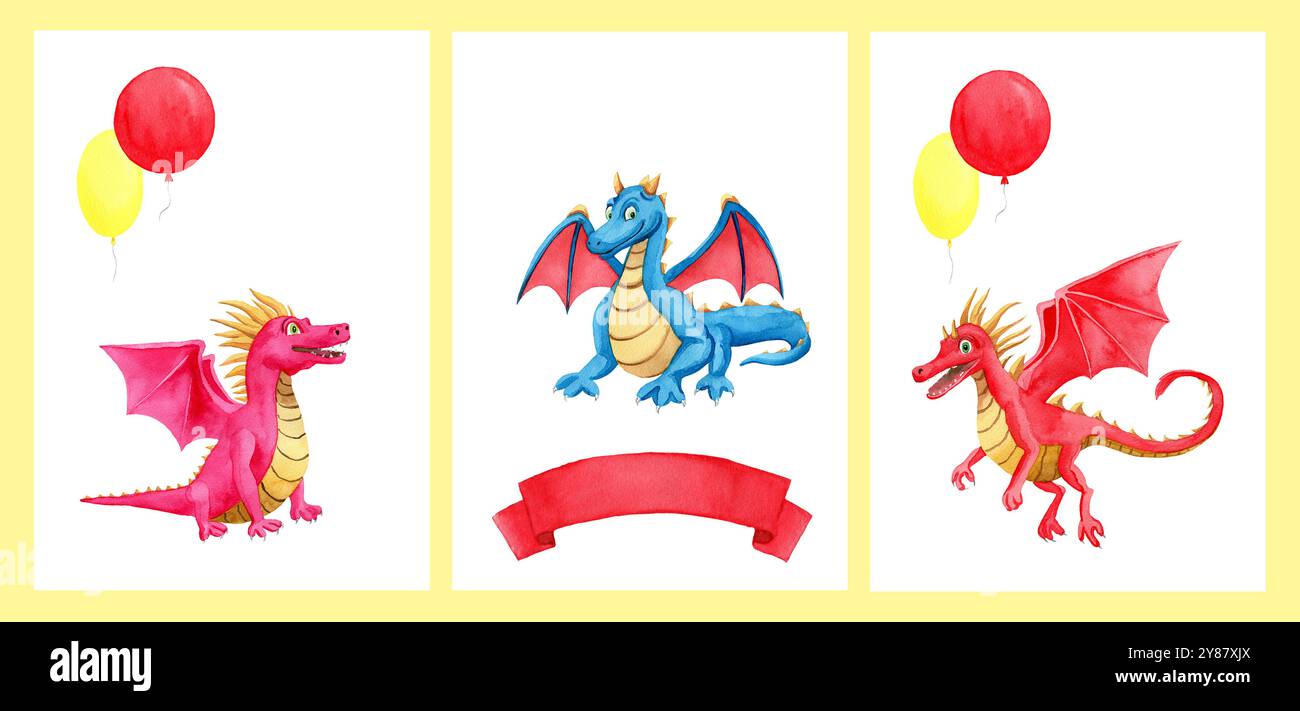 Set of three greeting cards with dragons with red ribbon for text and ...