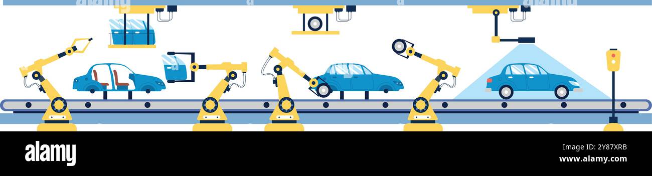 Car factory automatic assembly line with robotic arms isolated on white ...