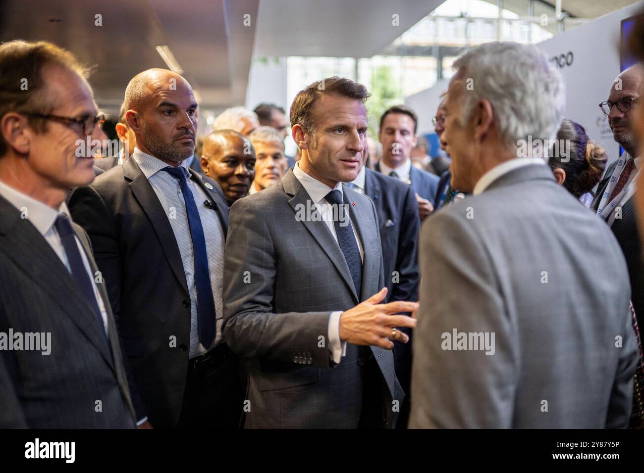 French President Emmanuel Macron (C-R) inaugurates the FrancoTech trade ...