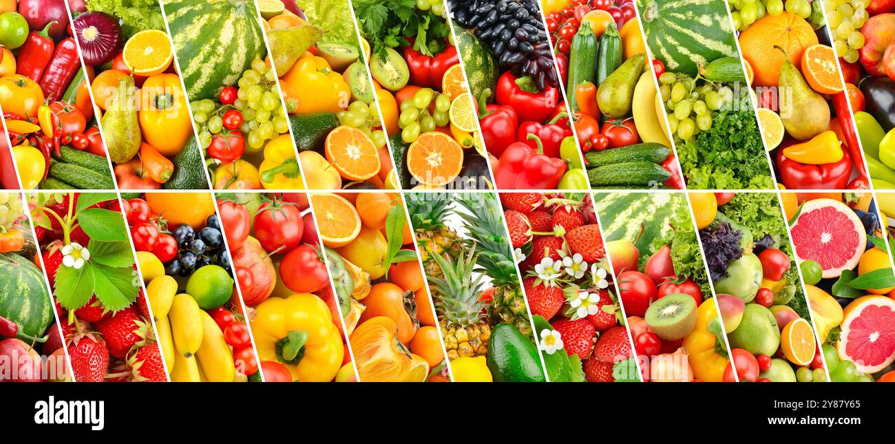 Fruits, vegetables and berries separated by slanted lines. Big ...