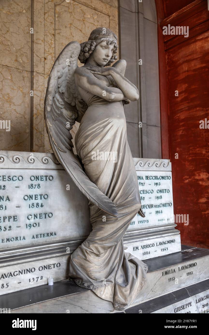 Genoa, Italy - August 17, 2024: cemetery statue of sad angel expressing ...