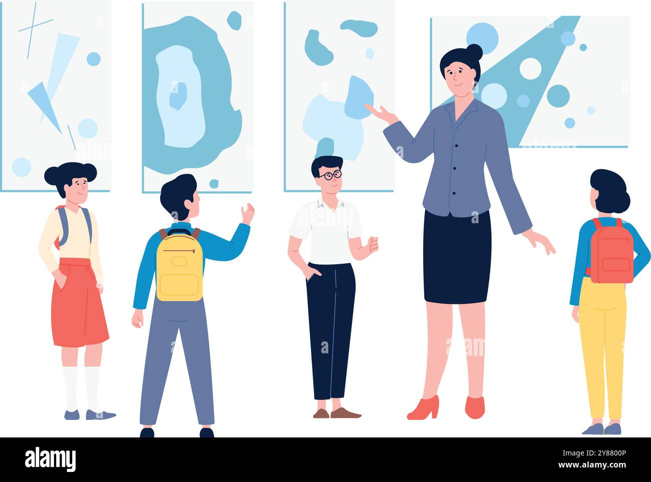 School kids in museum. Art exhibit visitors excursion isolated on white ...