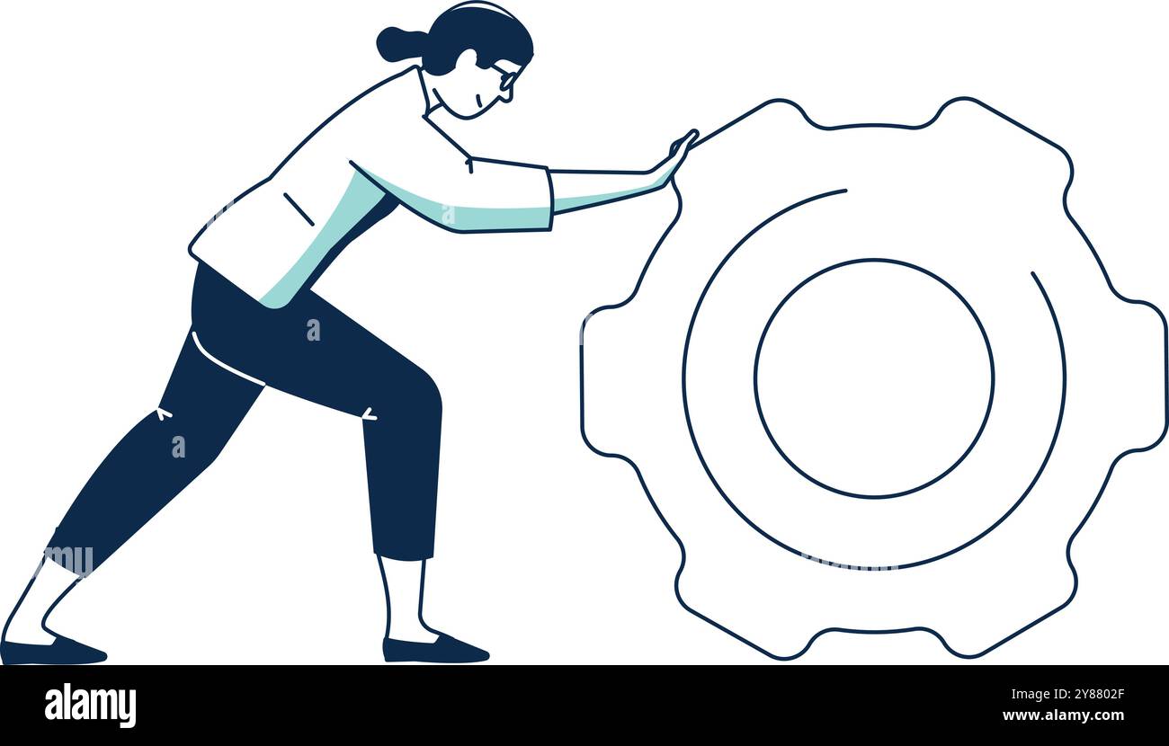 Woman pushing gear. Teamwork job. Work challenge isolated on white ...