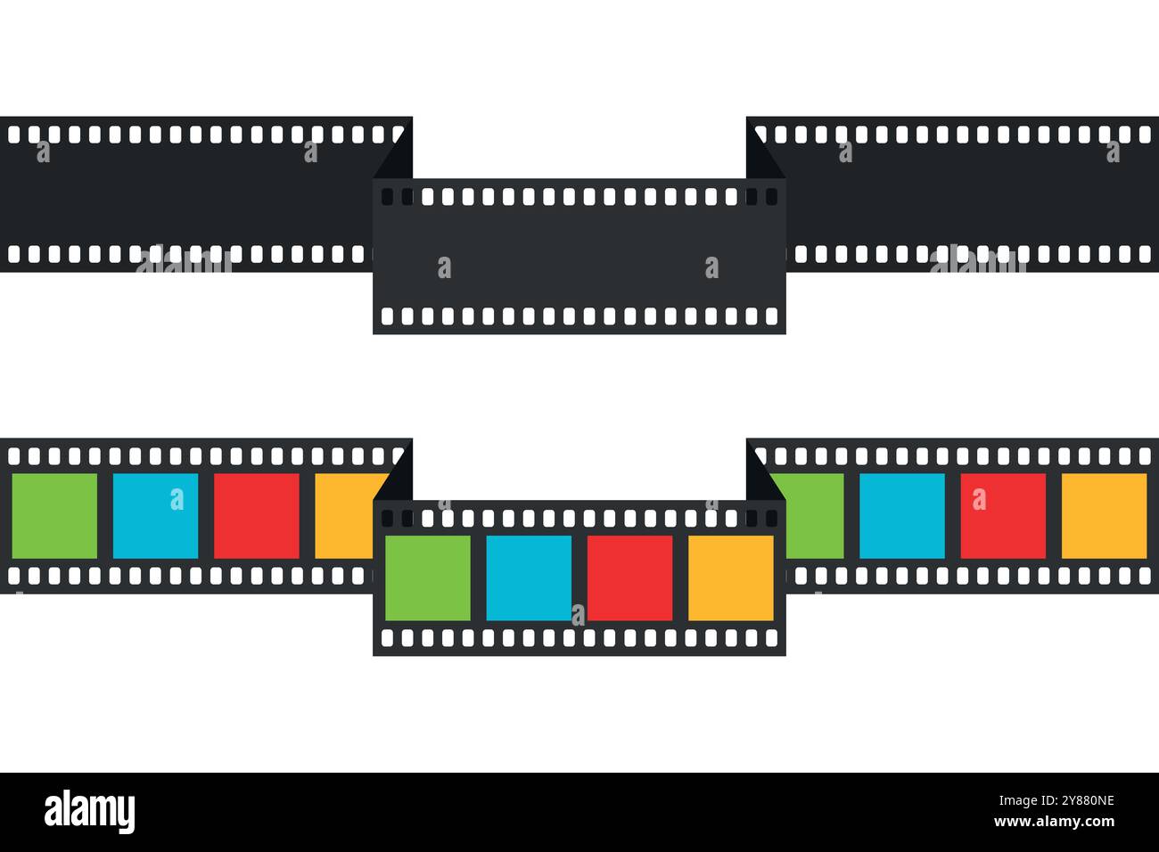 Black and colored folded film strip set. Long film strip template ...