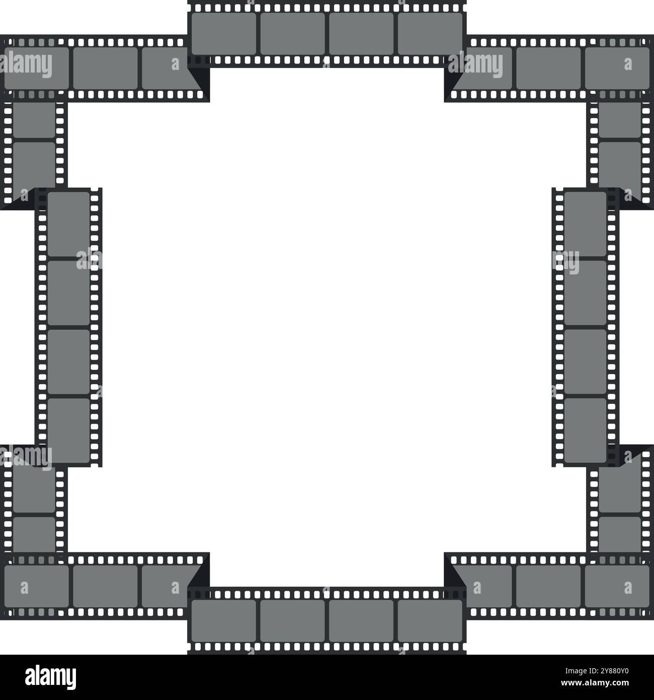 Folded long movie film strip square frame isolated on white background ...