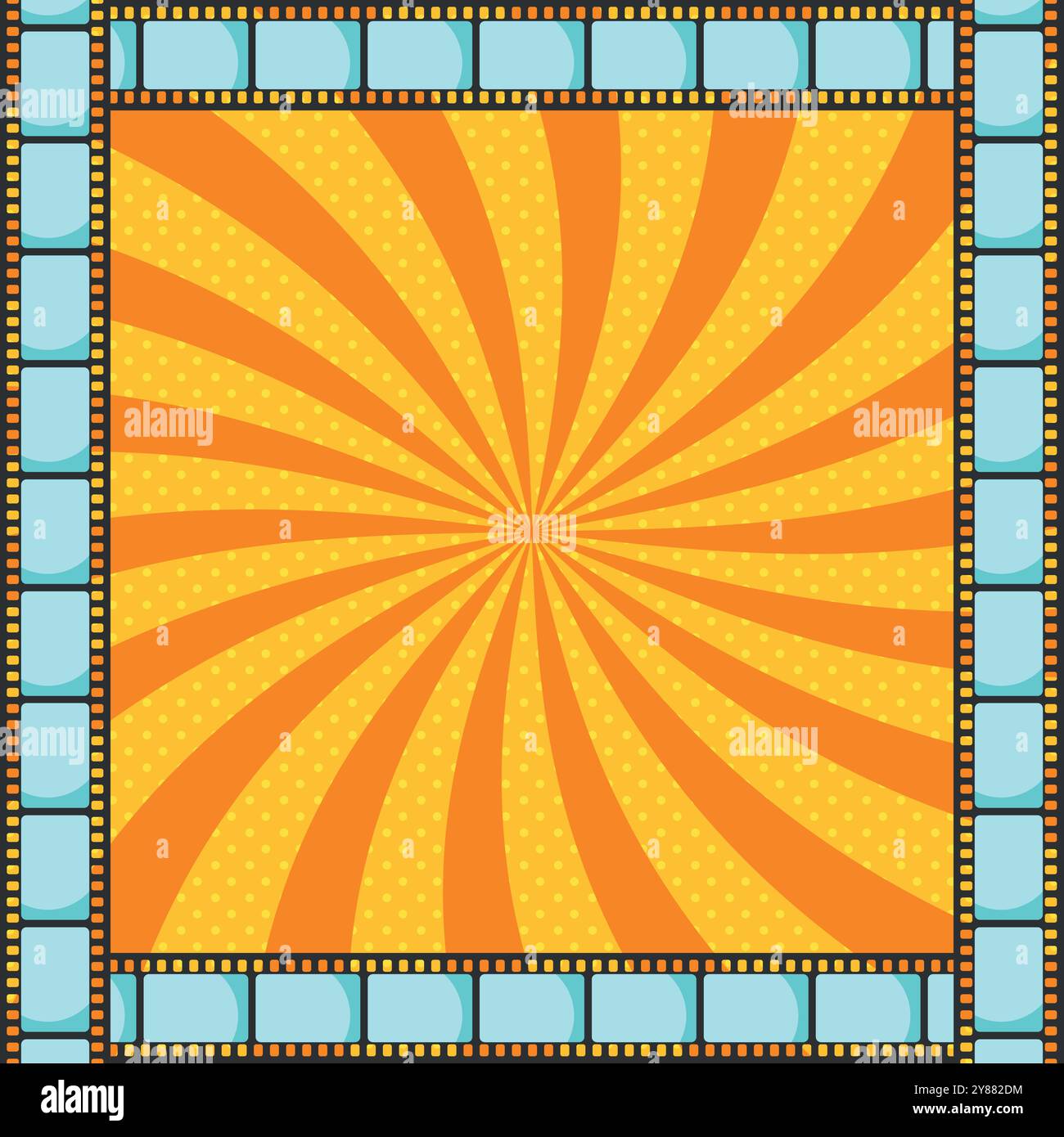 Pop art orange cinema background decorated with long film strip frame ...
