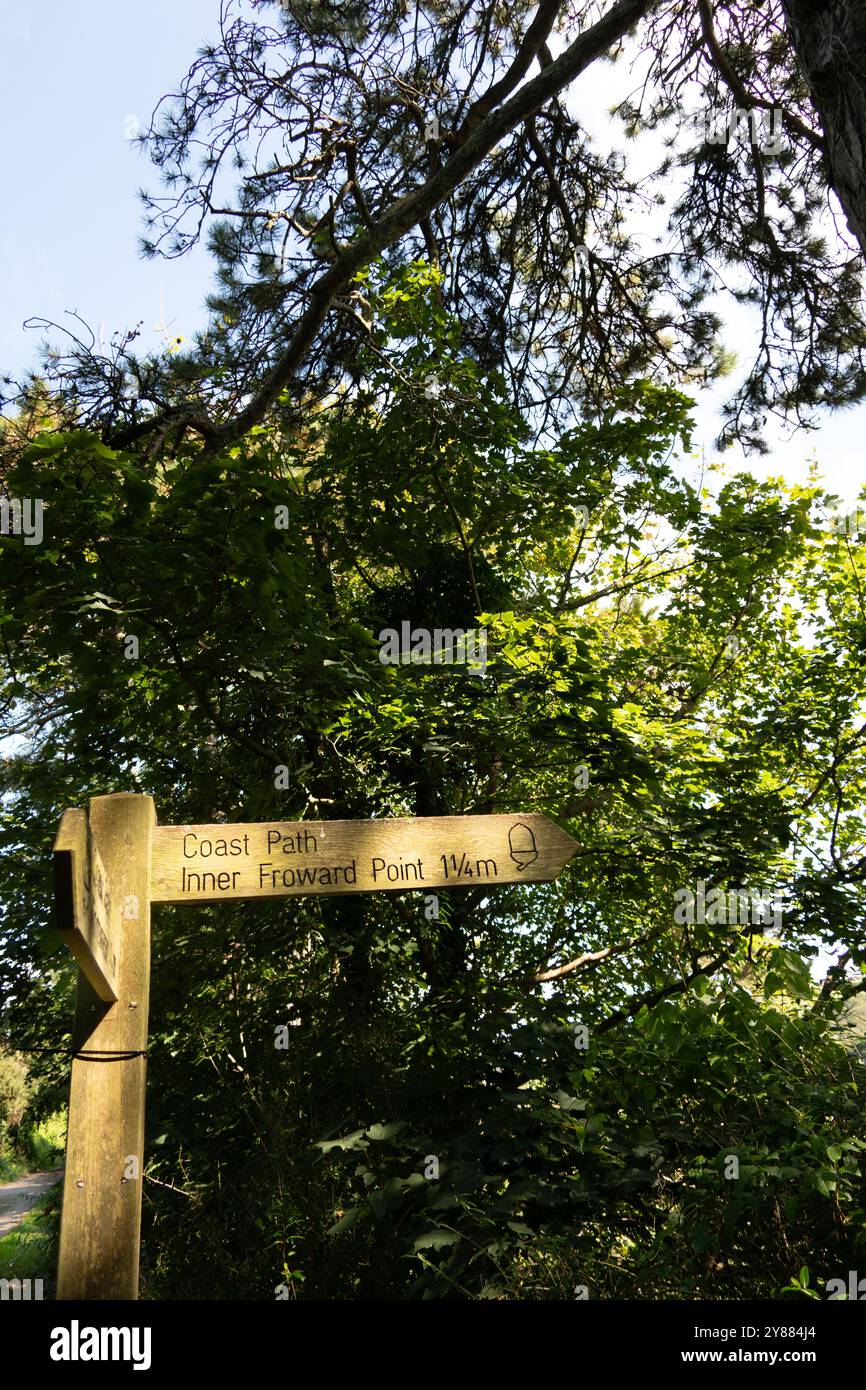 Wooden coastal path with acorn symbol and inner Froward point sign set ...