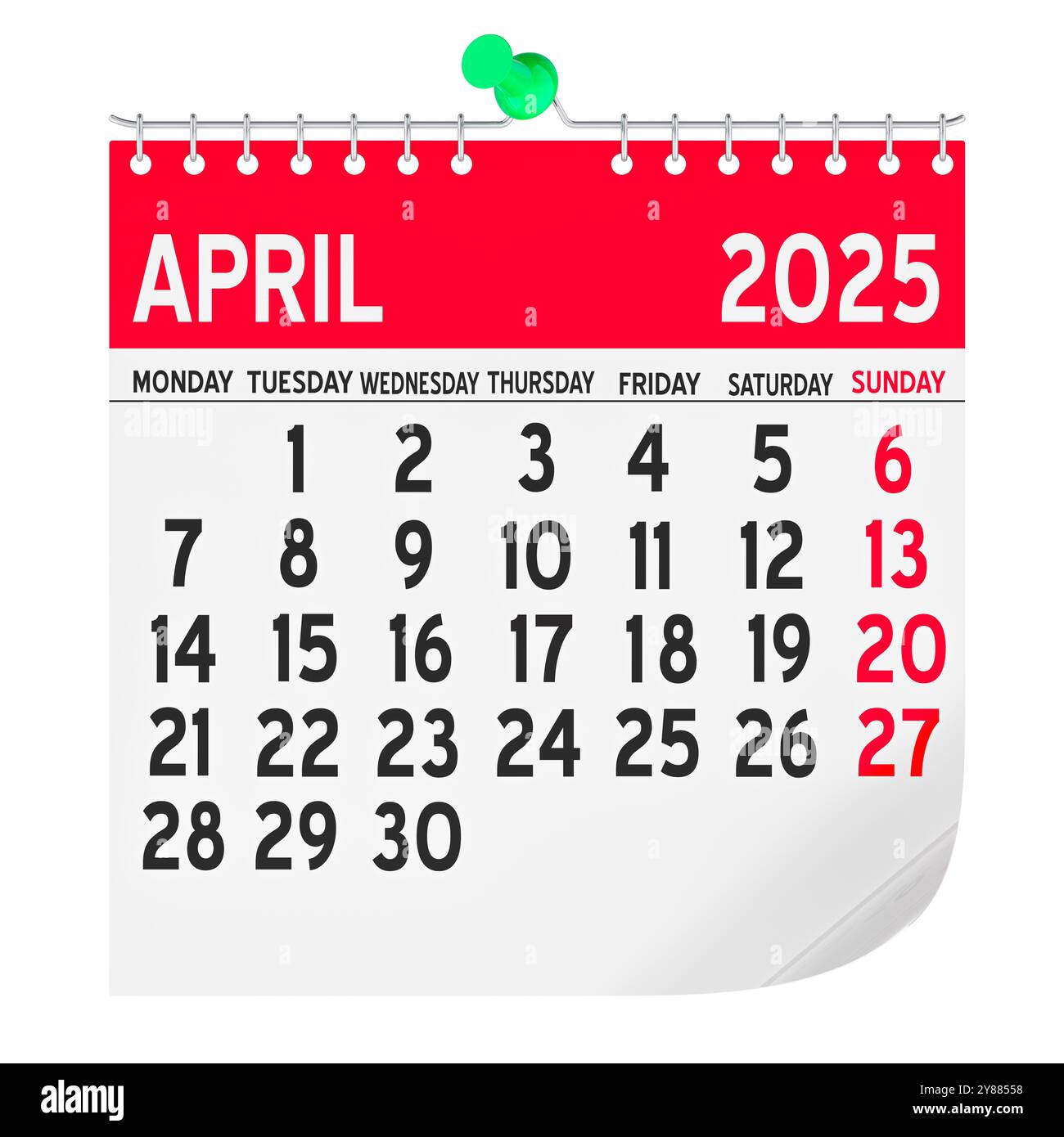 April 2025 Monthly Wall Calendar, 3D rendering isolated on white ...