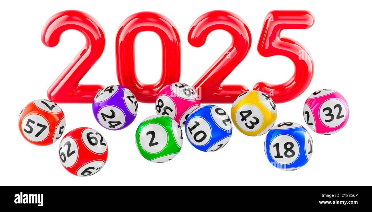Lottery 2025 with colored lottery balls, 3D rendering isolated on white ...