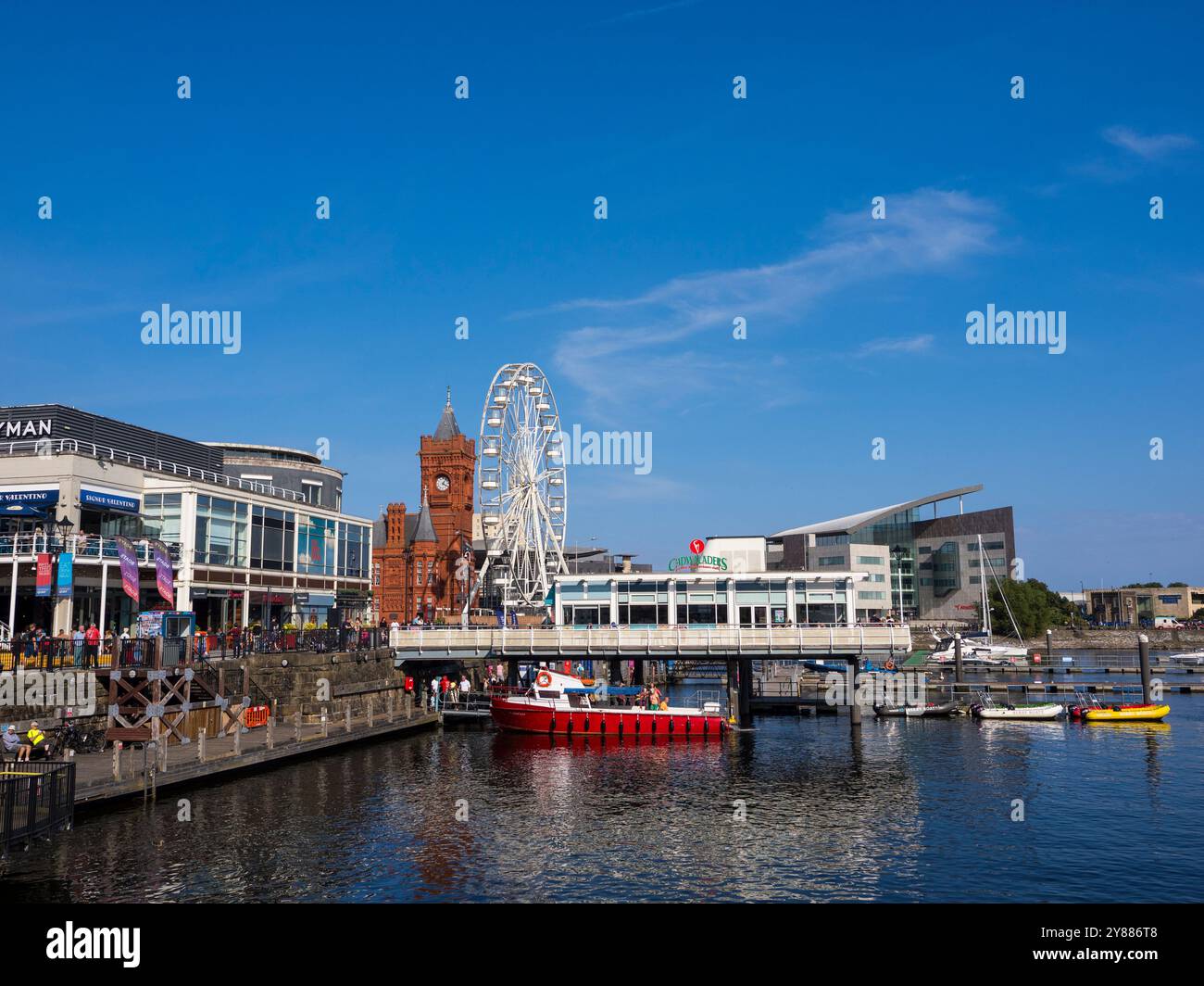 Red Tour Boat, The Waterfront at Cardiff Bay, With Giant Wheel and ...