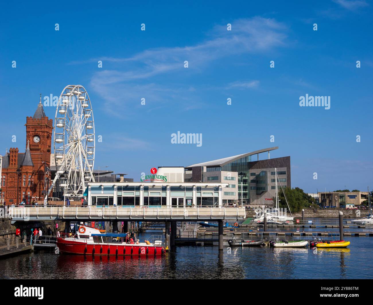 Red Tour Boat, The Waterfront at Cardiff Bay, With Giant Wheel and ...