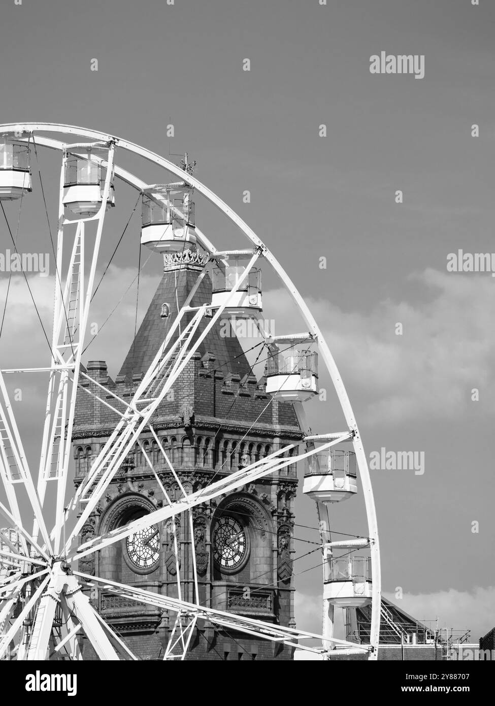 Black and White, The Giant Wheel, and Pierhead Building, Cardiff Bay ...