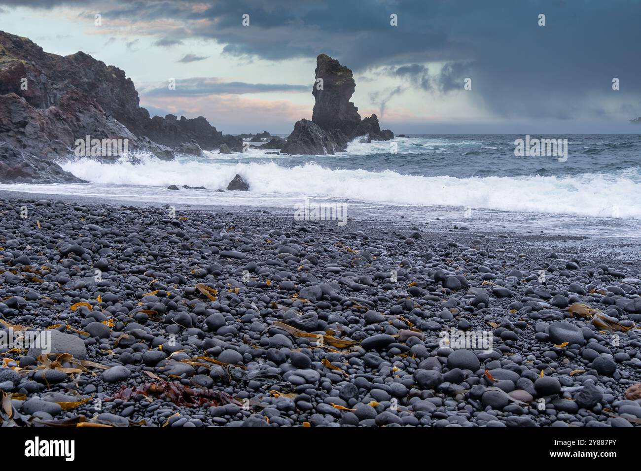Majestic Black Pebble Beach with Crashing Waves in Iceland – Dramatic Coastal Landscape with ...