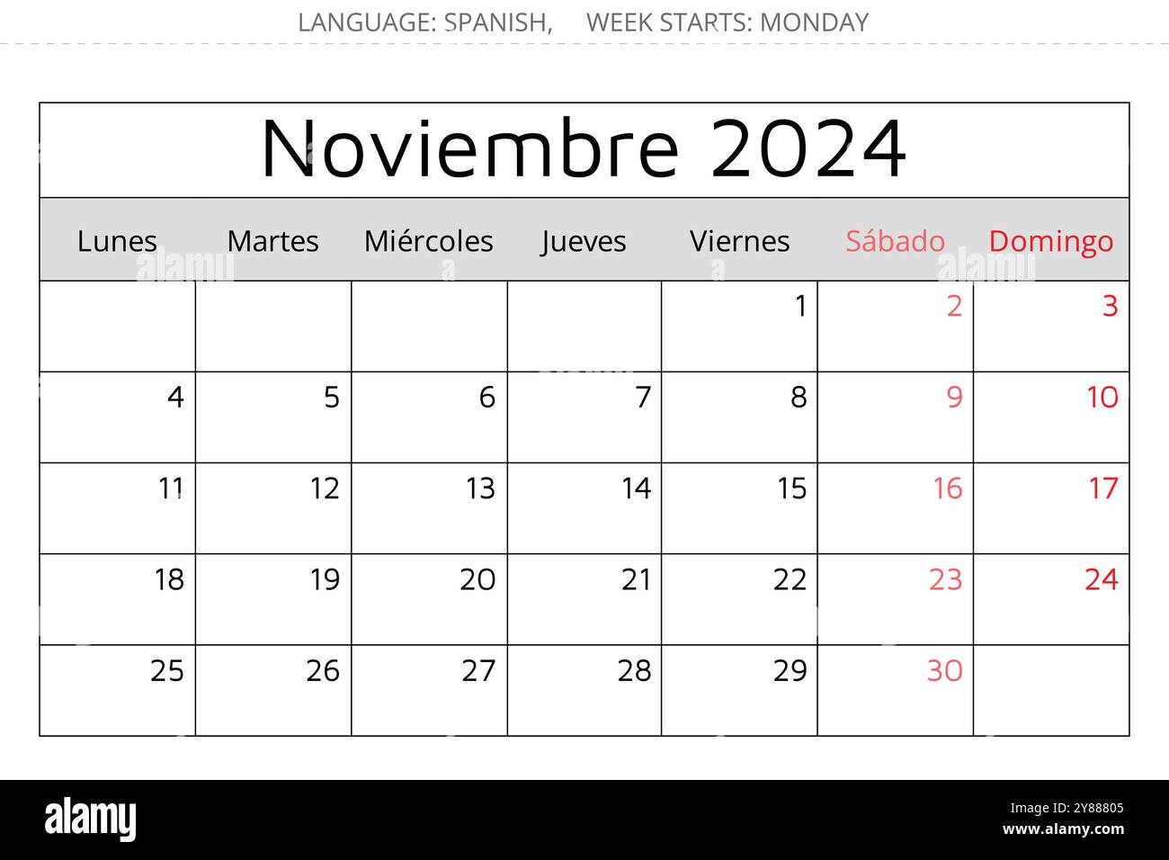 Calendario noviembre Stock Vector Images - Alamy