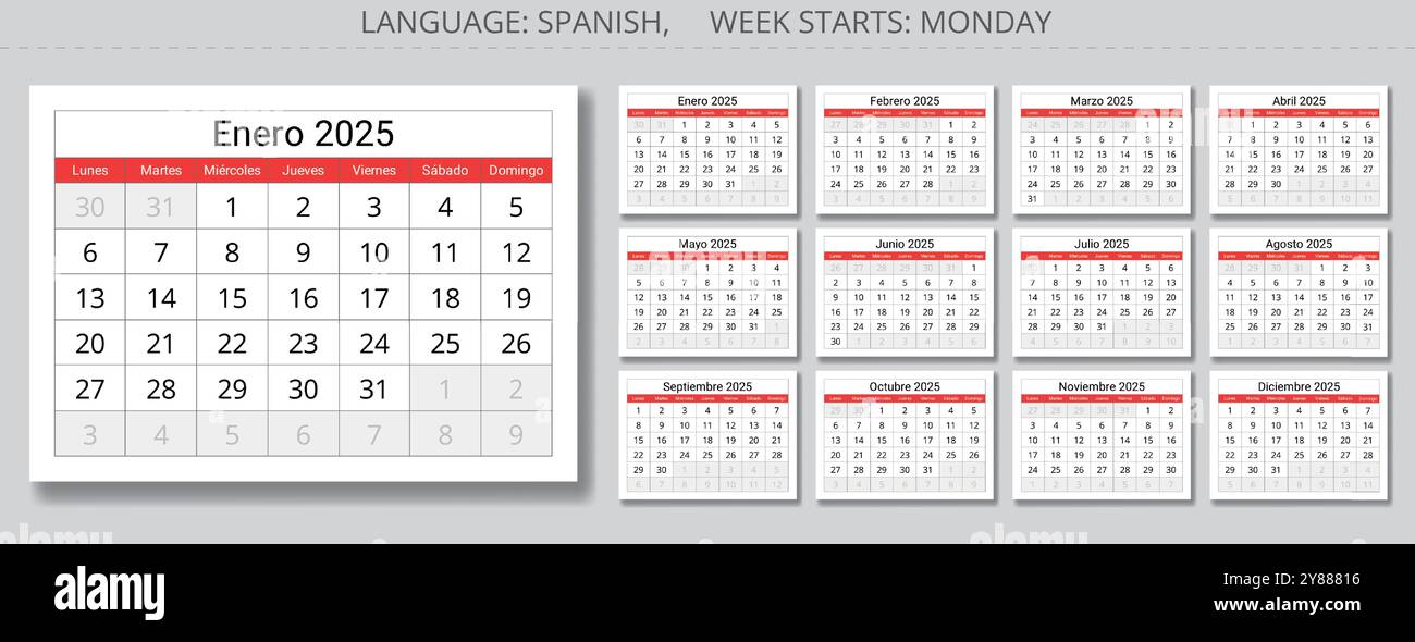 2025 Spanish calendar. A collection of paper page vector illustrations for each month in year ...