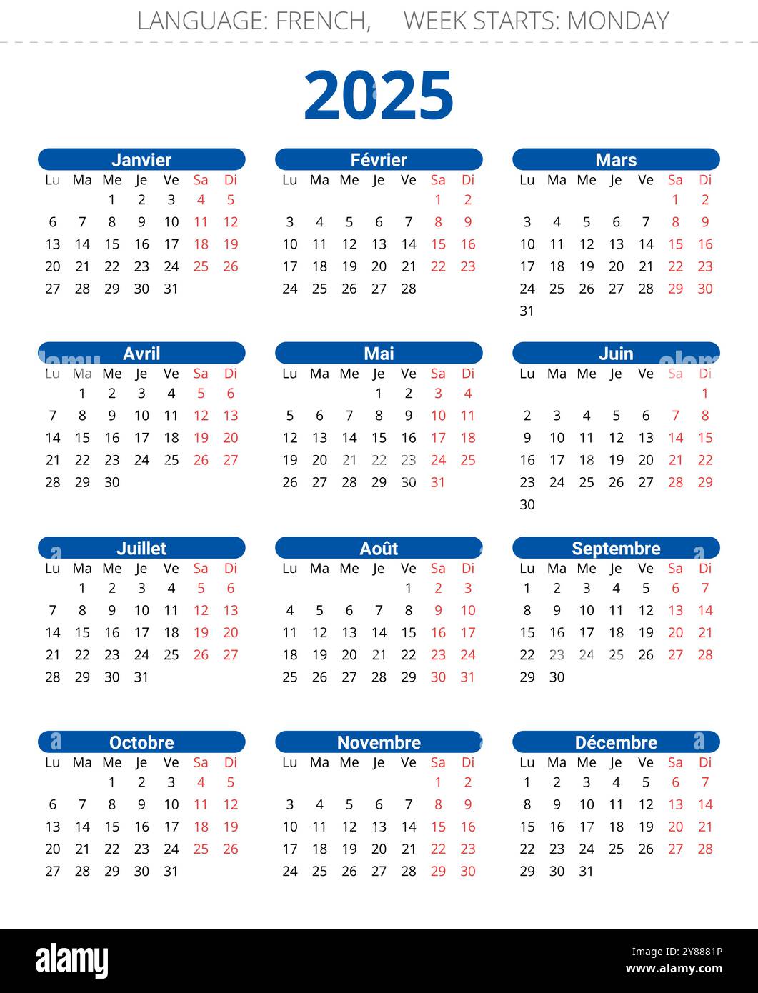 2025 french calendar. Printable, editable simple vector illustration ...