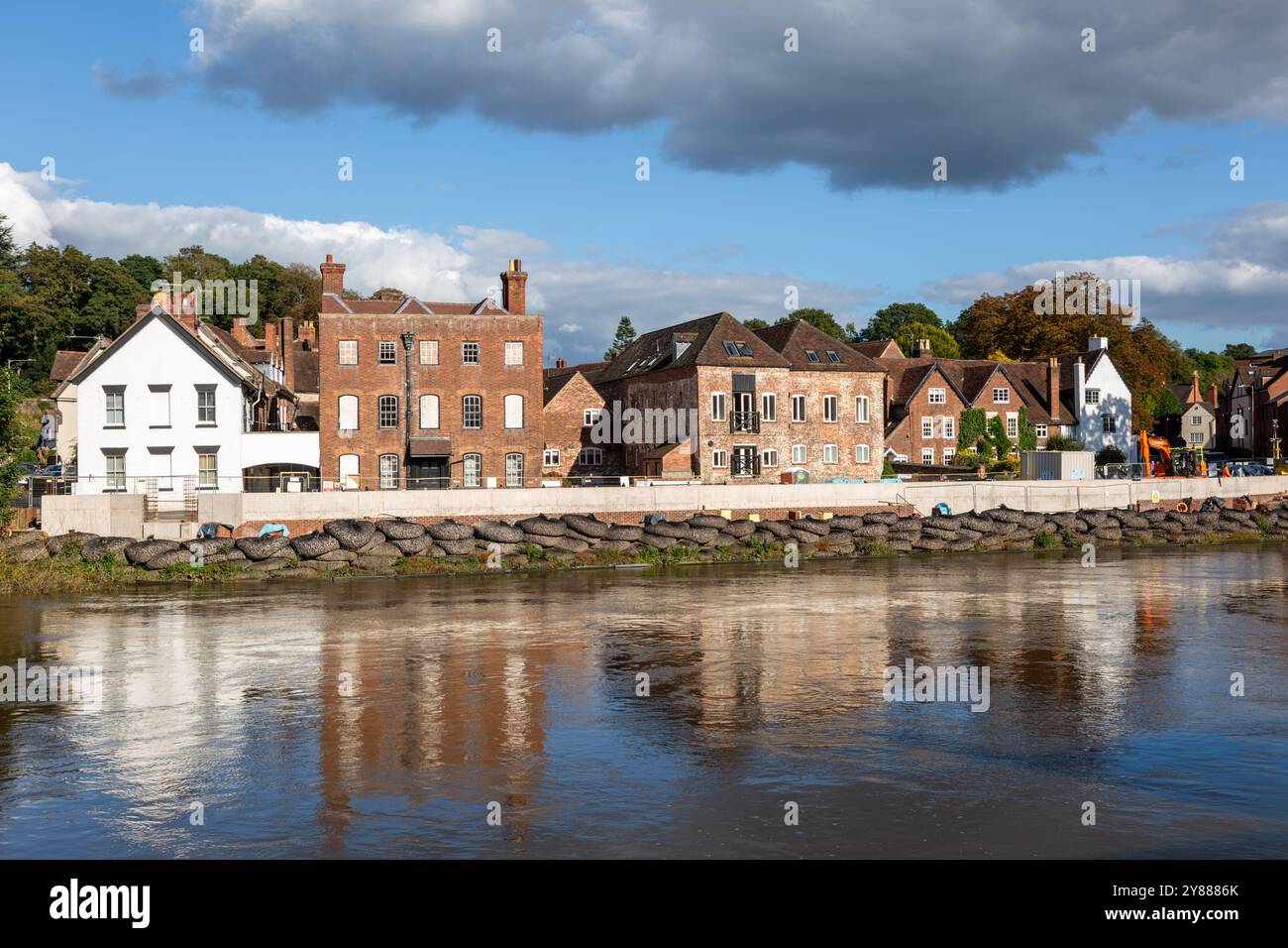 Flood defences along the River Severn at Bewdley, Worcestershire, UK ...