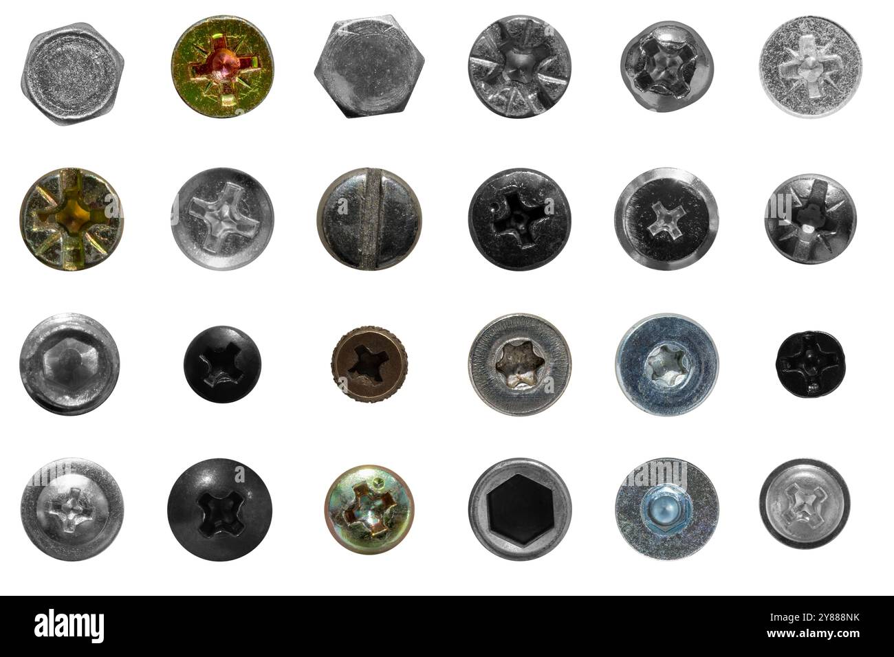 Overhead view of neatly arranged collection of assorted screws and ...