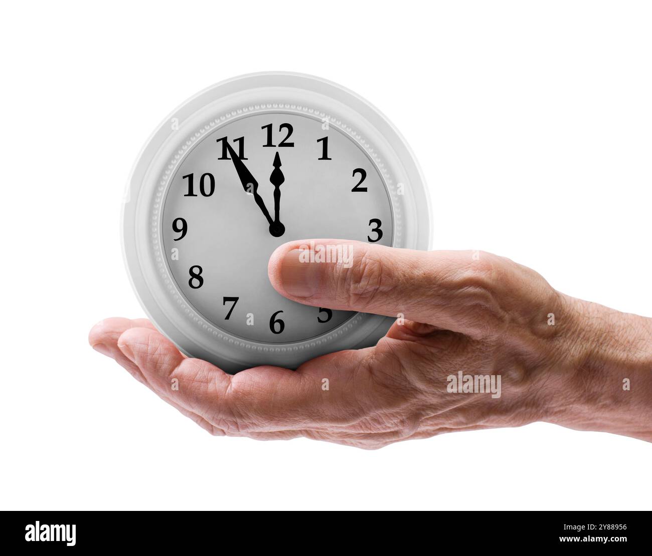 Classic round clock on senior hand isolated on white background. Aging ...