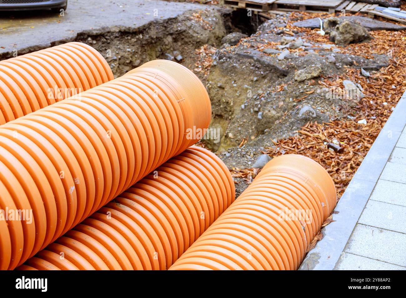 HDPE polyethylene sewer pipes are ready for installation on ...