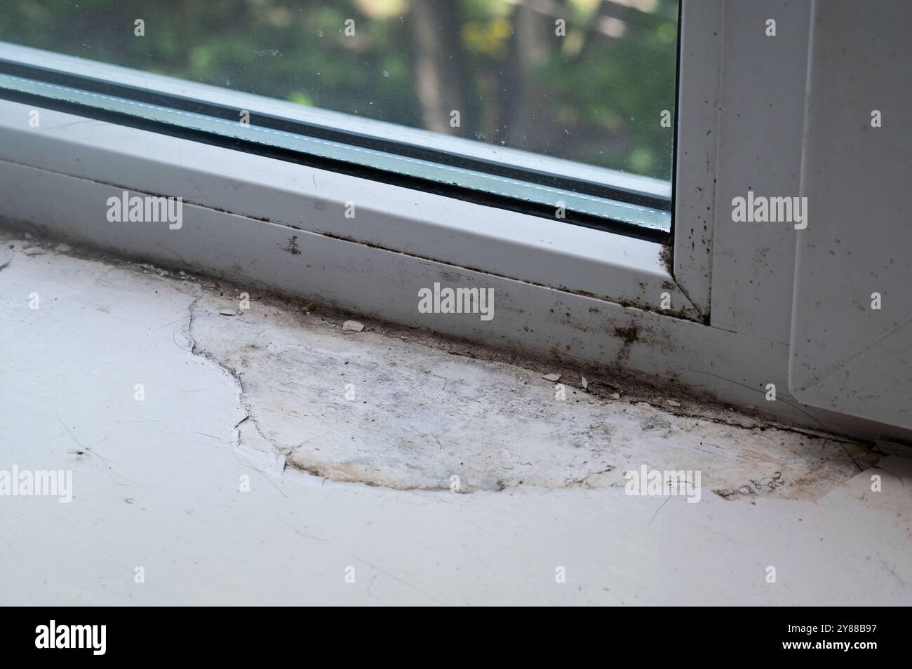 an old concrete window sill with mold is cracking due to moisture Stock ...