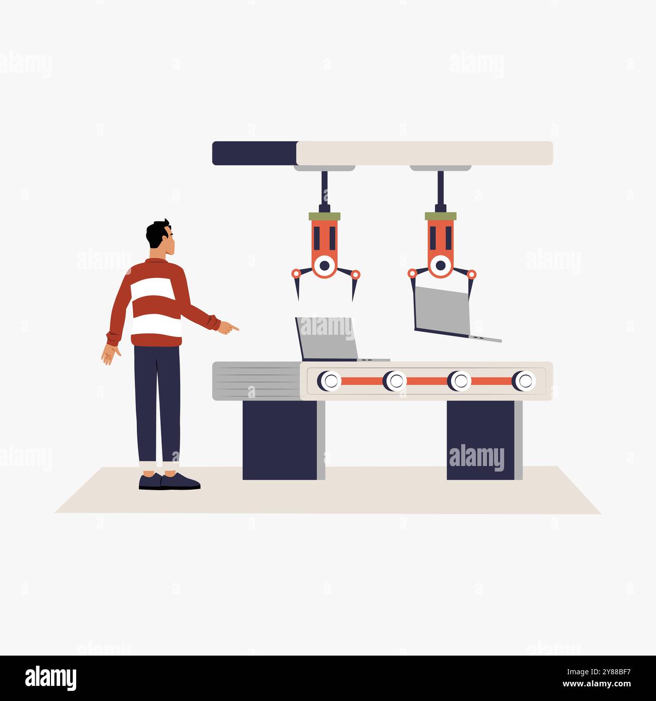 Male professional overseeing an automated laptop assembly line in flat ...