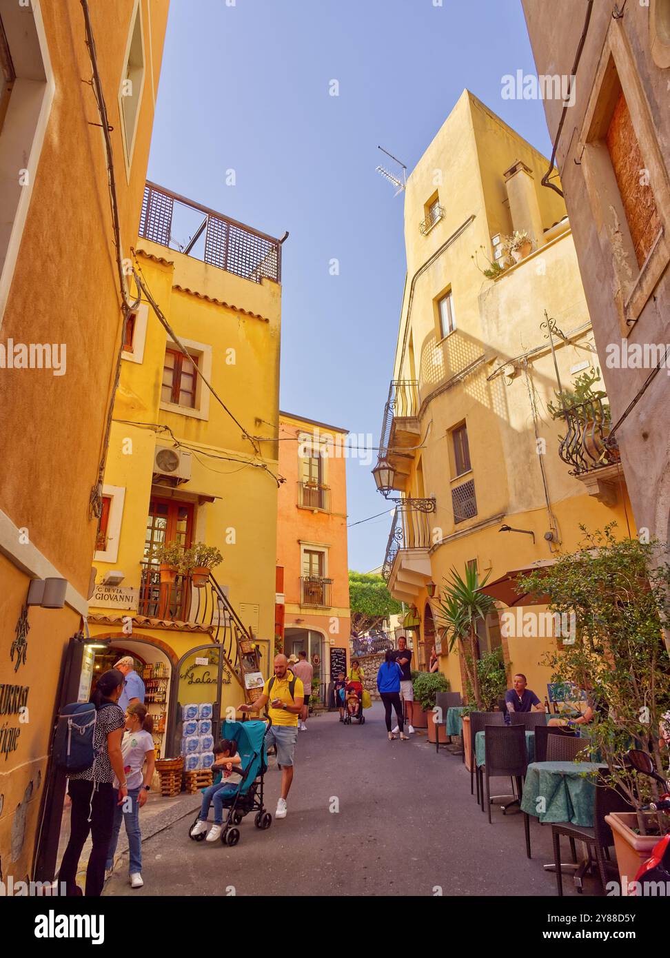 Taormina, Italy - May 24, 2024: Touristic Taormina city streets and ...