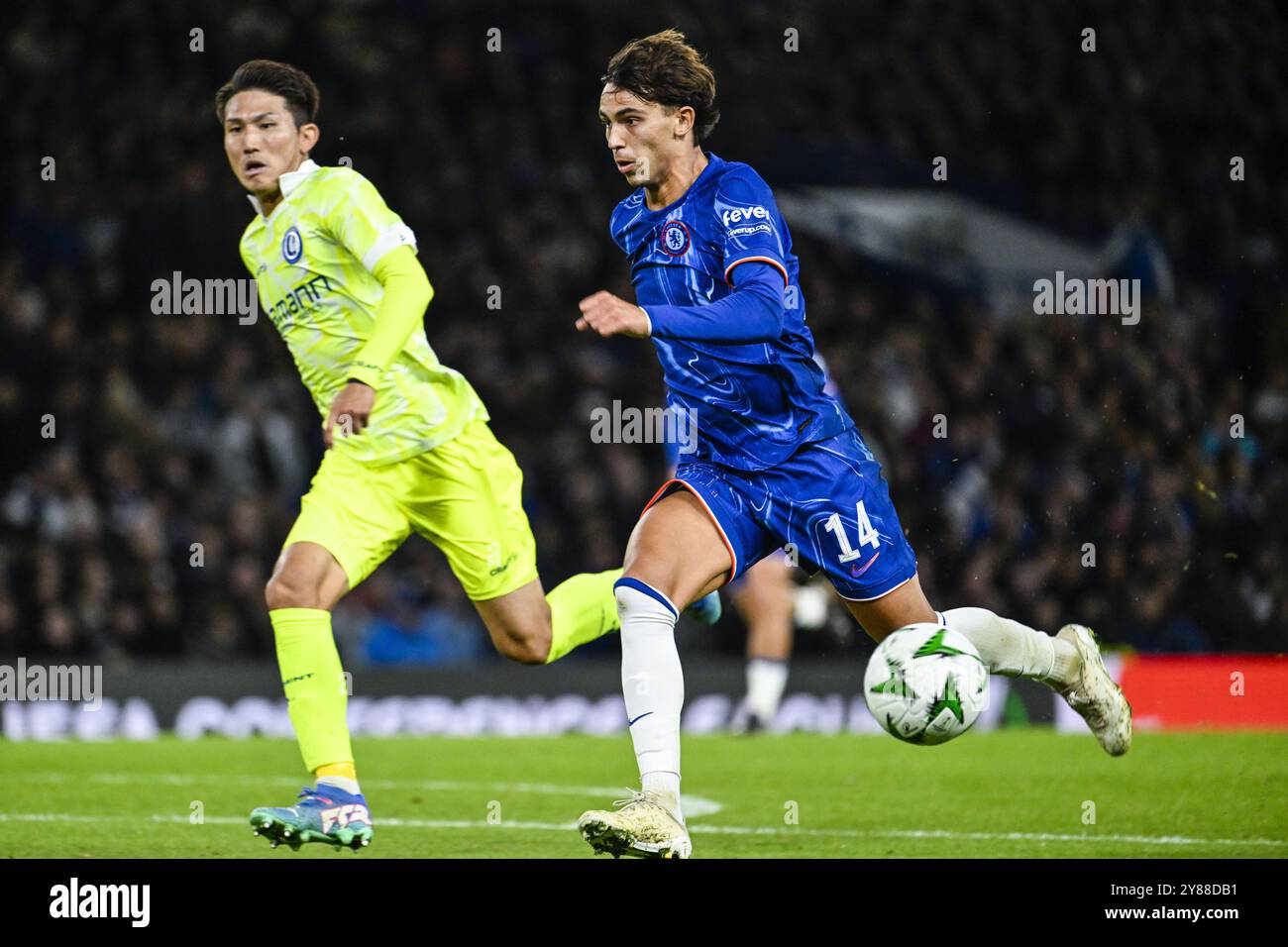 London, UK. 03rd Oct, 2024. Gent's Tsuyoshi Watanabe and Chelsea's Joao ...
